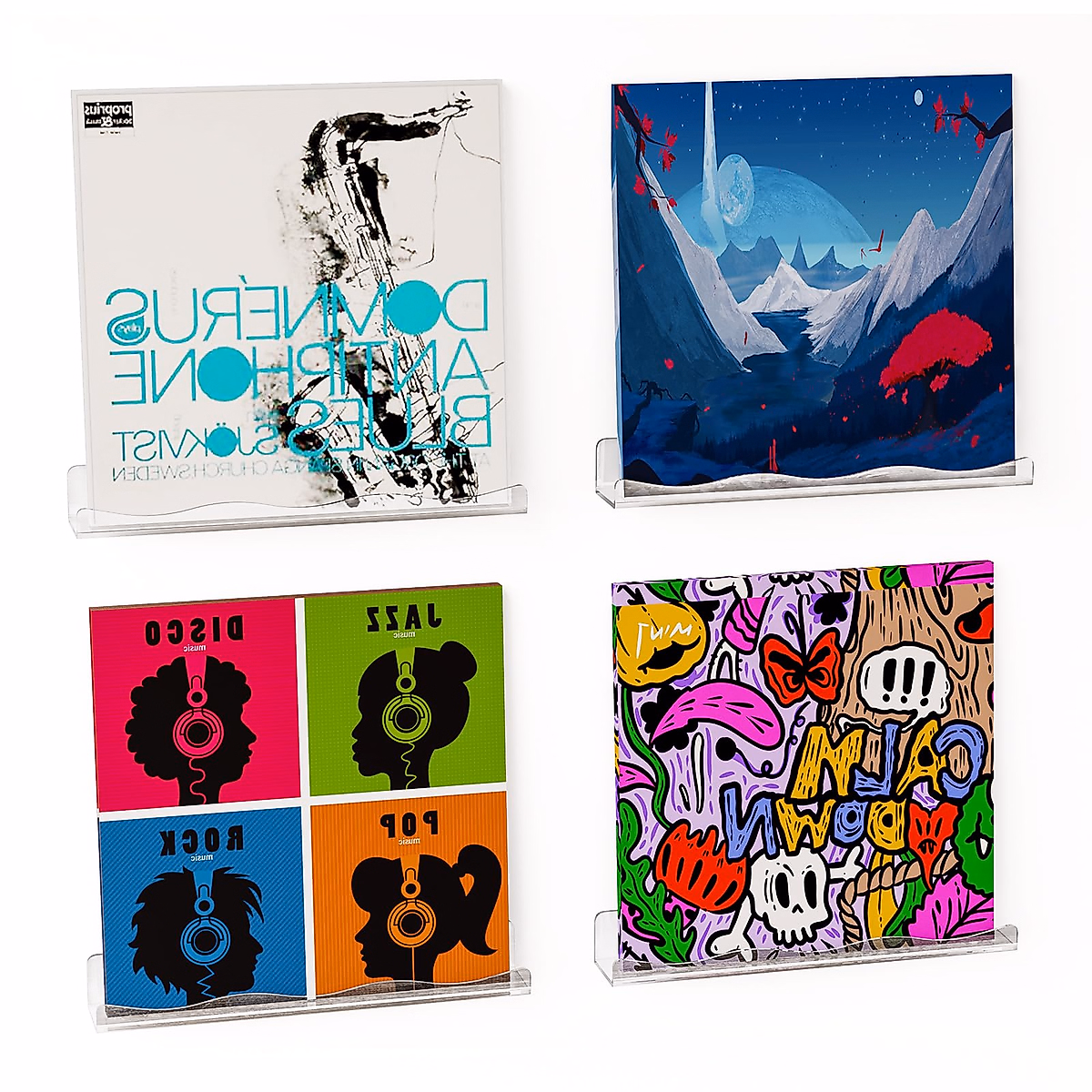 Fixwal Acrylic Clear Floating Shelves for Wall, Vinyl Record Shelf Wall Mount Set of 4, 12in Wavy Clear Acrylic Record Holder Bookshelf Display, Wall Decor for Living Room (Clear)