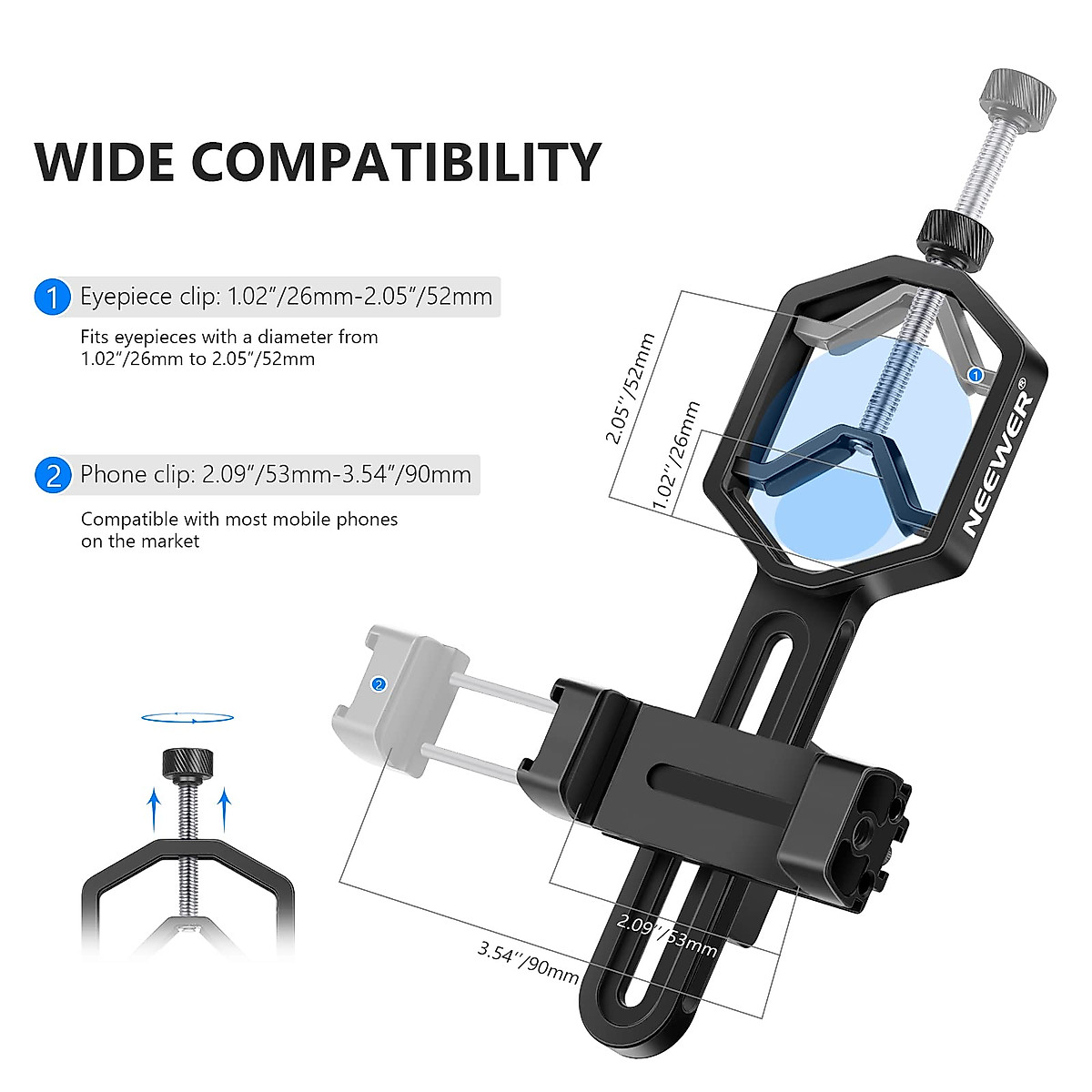 NEEWER Metal Telescope Phone Mount, 2.09"-3.54" Universal Cell Phone Mount for Spotting Scope Telescope Microscope Binocular Monocular, Fits Eyepiece with Diameter 1.02"-2.05"