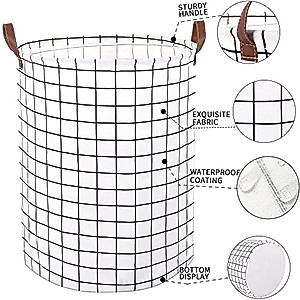 [2 Pack] Collapsible Laundry Basket, Large Round Waterproof Laundry Hamper, Foldable Storage Organizer with Leather Handles for Dirty Clothes (White Plaid)