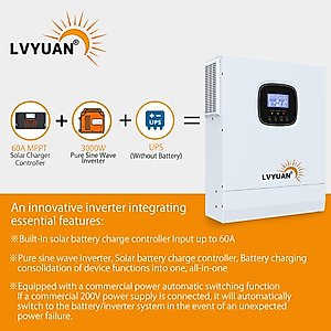 LVYUAN All-in-one Solar Hybrid Charger Inverter Built in 3000W 24V Pure Sine Wave Power Inverter and 60A MPPT Solar Controller for Off-Grid System