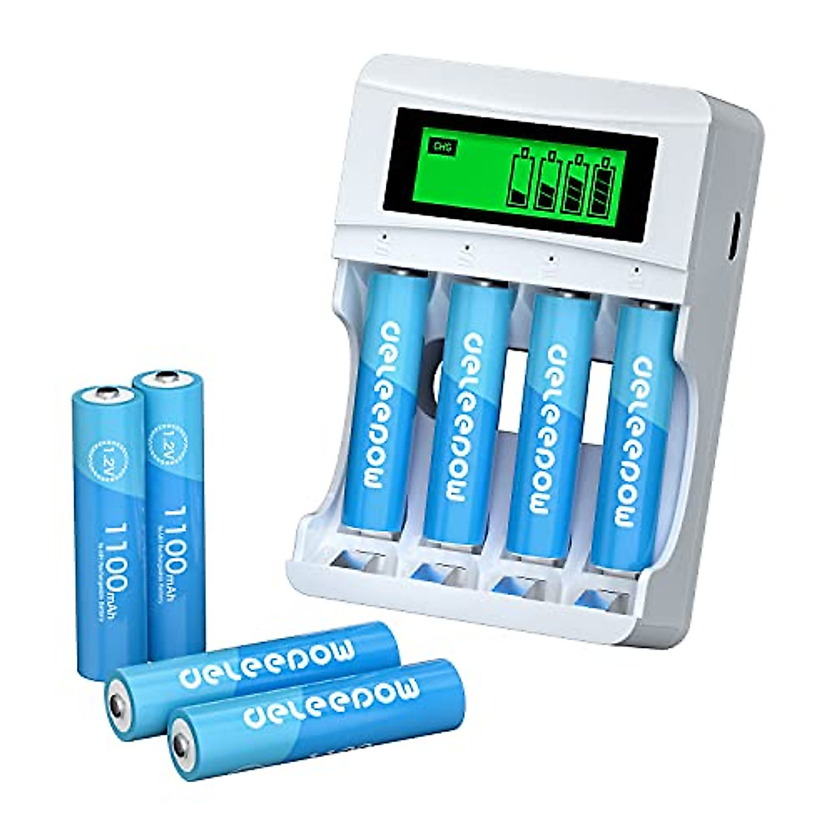 Deleepow AAA Rechargeable Batteries 1100mAh 1.2V nimh AAA Rechargeable Batteries 8-Pack 1200Cycles with USB LCD Charger