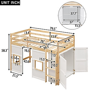 VilroCaz Playhouse Design Twin Size Loft Bed with Built-in Storage Wardrobe and 2 Windows, Solid Wood Loft Bed Frame with Safety Guardrail for Kids Teens Boys Girls, Space-Saving (Whit+Natural)