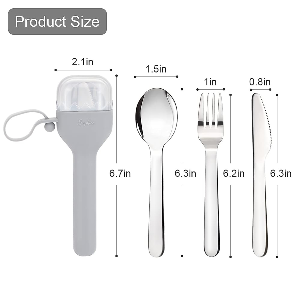 Sophico Travel Utensils Set for Camping and Kids Lunch Box, Stainless Steel Fork and Spoon, Knife Silverware Flatware Sets with Silicone Case - Portable & Leak-proof, Dishwasher Safe (Grey, 1 Set)