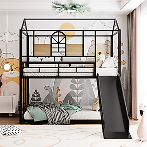 TURRIDU Twin Over Twin Size House Shape Bunk Bed, Modern Metal Housebed with Slide, Metal Slats, Safety Fence and Ladder, Window Pattern Design, Space-Saving, Easy Assembly, (Black with Black Slide)