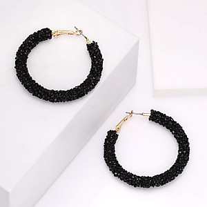 NLCAC Glitter Hoop Earrings Bohemian Sparkle Resin Rhinestone Wrapped Hoop Dangle Earrings for Women Black
