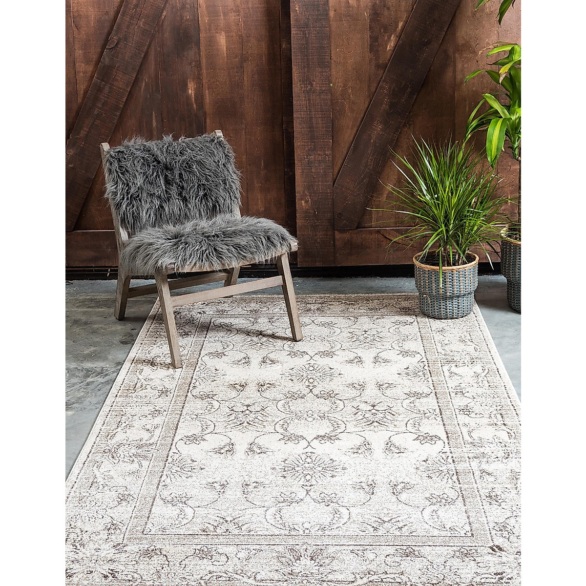 Unique Loom La Jolla Collection Botanical, Contemporary, Traditional, Rustic, Border Area Rug, 5' 1" x 8' Rectangle, Ivory/Beige