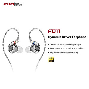 FIIO FD11 Earphones High Performance Dynamic Driver IEMs Earbuds with Deep Bass 0.78mm Detachable Cable 3.5mm Plug in Ear Headphones for Musician Singer Music (Silver)