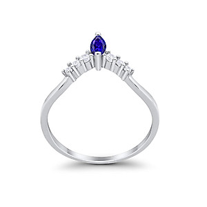 Art Deco Wedding Engagement Curved Chevron Midi Band Marquise Round Simulated Blue Sapphire Cubic Zirconia 925 Sterling Silver Size-6