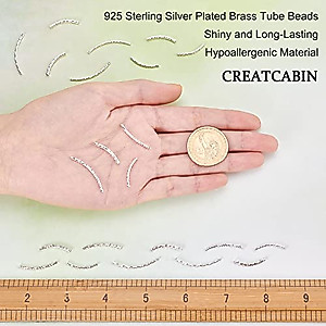 CREATCABIN 40Pcs 925 Sterling Silver Curved Tube Beads Brass 4 Sizes Noodle Tube Sleek Twist Bead Plated Long Large Hole Spacer 1 Box for DIY Jewelry Making Bracelets Findings
