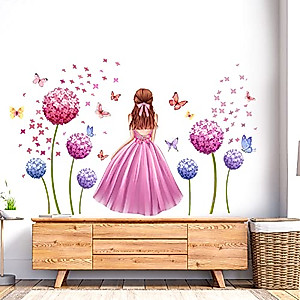 Pink Flower Wall Sticker Butterfly Fairy Girl Wall Decals DIY Purple Princess Wall Stickers Removable Dandelion Floral Wall Decals Waterproof Wall Mural for Kids Nursery Bedroom