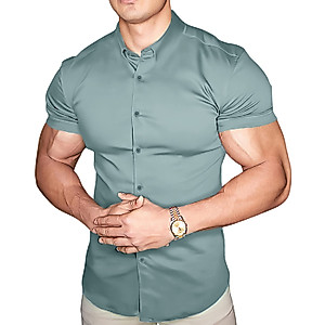 Casual Men's Muscle Fit Dress Shirts Short Sleeve Athletic Fit Button Down Shirts Light Green L