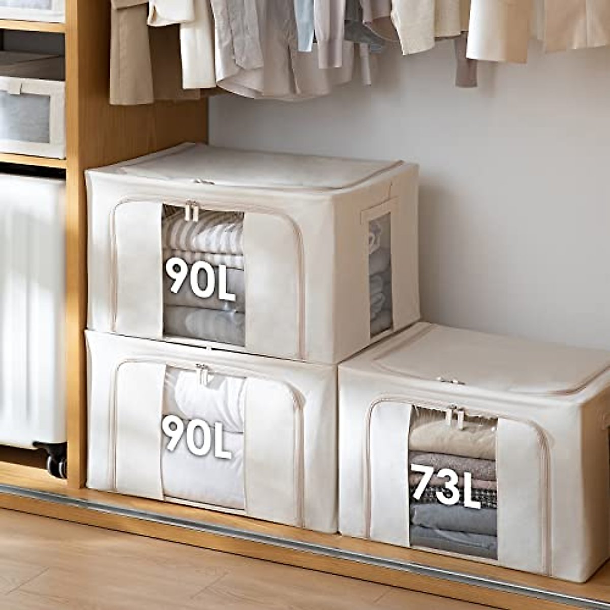 SHIMOYAMA Foldable Large Storage Bag, 2 Pack, 73L and 90 L, Fabric Stackable Containers with Metal Frame, Large Storage Box Set Organizer with Clear Window and Carry Handles for Bed, Closet