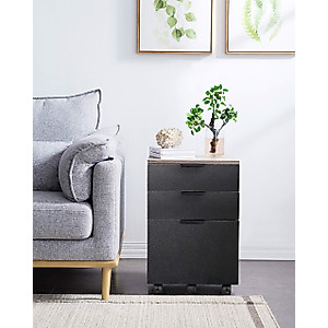 JJS 3 Drawer Rolling Wood File Cabinet with Locking Wheels, Home Office Portable Vertical Mobile Wooden Storage Filing Cabinet for Letter Size, Black