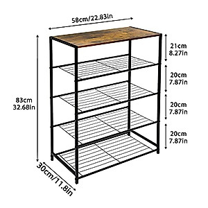 LEEJAY 5 Tier Shoe Rack for Entryway, Freestanding Display Shelf Storage Organizer with 4 Metal Shelves and Top Panel - Rustic Brown