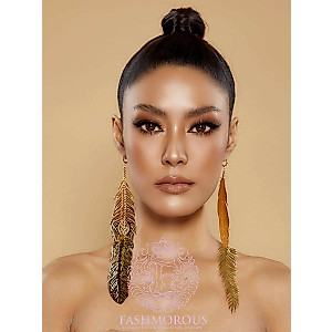 Fashmorous Gold Feather Earrings for Women Dangling Peacock Feather Earrings Gold Peacock Feather Earrings for Women Dangle Peacock Feather Earrings Long