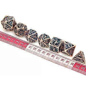 Hollow Metal DND Game Dice Dragon Shaped Blue and Copper Numbers 7Pcs Set for Dungeons and Dragons RPG MTG Table Games D&D Pathfinder Shadowrun and Math Teaching(with Metal case)