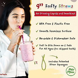 Softy Straws Premium Reusable Silicone Drinking Straws + Patented Straw Squeegee - 9” Long With Curved Bend for 20/30/32oz Tumblers - BPA Free (Non-Rubber), Flexible, Bendy, Safe for Kids / Toddlers