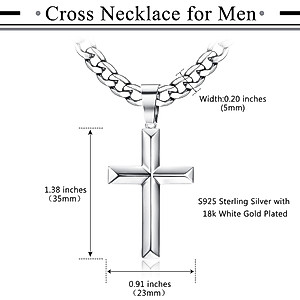 Fansilver 925 Sterling Silver Cross Pendant Necklace Diamond-Cut Cuban Link Chain Necklace Highly Polished Beveled Edge Cross Chain Necklace Silver Cross Necklace for Men Women 24 Inches