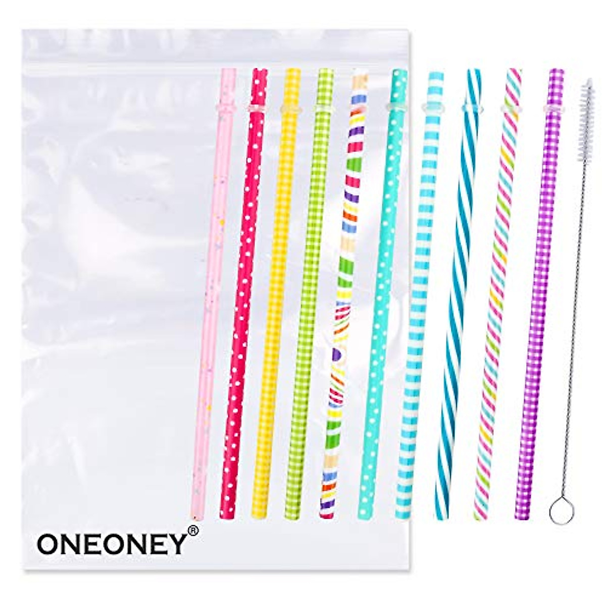 40 Pieces Reusable Straws BPA-Free 9" Colorful Printing Hard Platic Stripe Drinking Straw for Mason Jar Tumbler Family or Party Use Cleaning Brush Included Random Style (Casual Style)