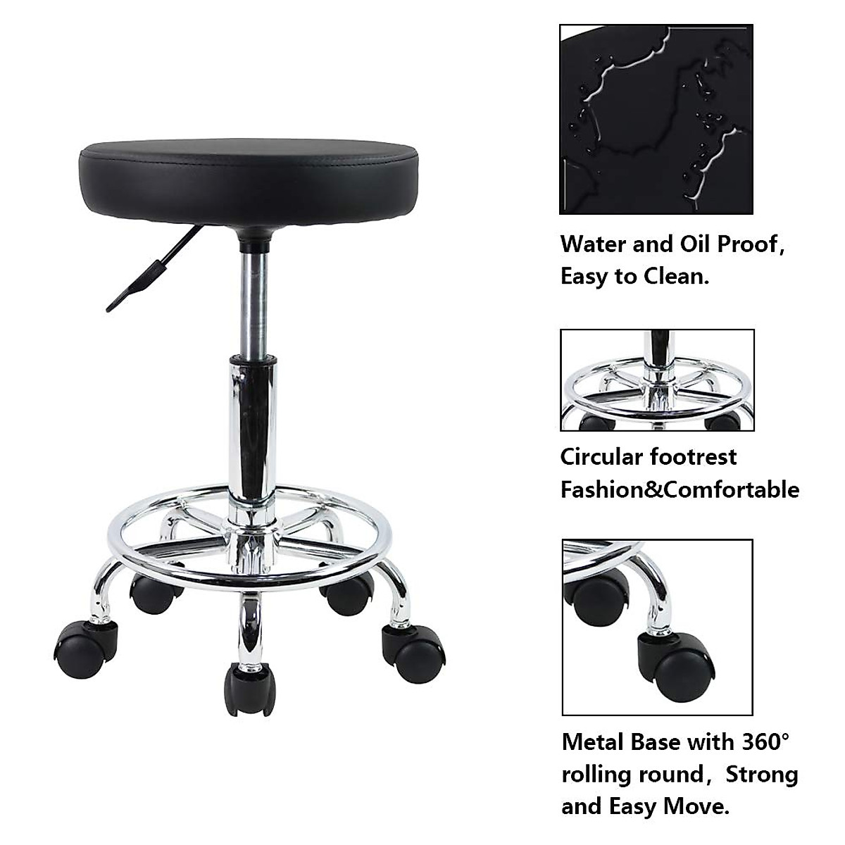 KKTONER PU Leather Round Rolling Stool with Foot Rest Swivel Height Adjustment Spa Drafting Salon Tattoo Work Office Massage Stools Task Chair Small (Black)