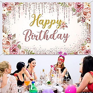 Happy Birthday Backdrop Decorations for Women Background Party Supplies Rose Backdrop Photography for Girls Boys Floral Glitters Banner Wedding Baby Shower Decor (Rose Gold)