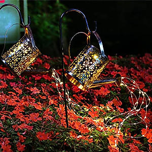 Dynaming 2 Pack Art Light LED Solar Waterfall Watering Can, Outdoor Decorative Garden Light, Retro Waterproof Copper Yard Party Decoration Stake Light for Pathway Lawn Patio Deck Walkway Courtyard