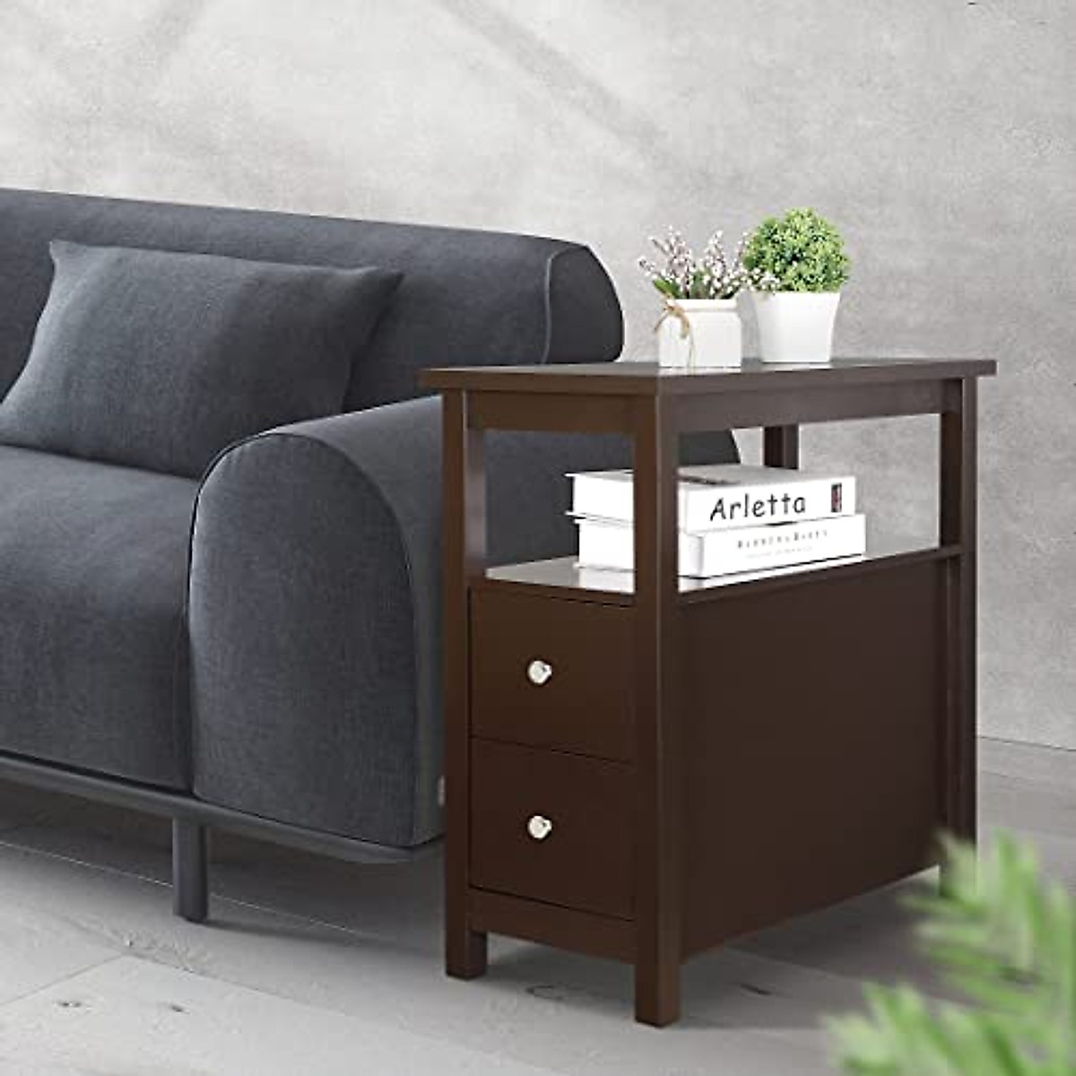 ZENY Narrow End Table Side Table with Drawer and Open Shelf Sofa Table for Living Room Bedroom, Small Table for Bedside, Espresso
