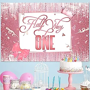 Half Way To One Birthday Backdrop Banner Decorations for Baby Girls Rose Gold 6 Months 1/2 Bday Background Photography Party Sign Decor Supplies Pink
