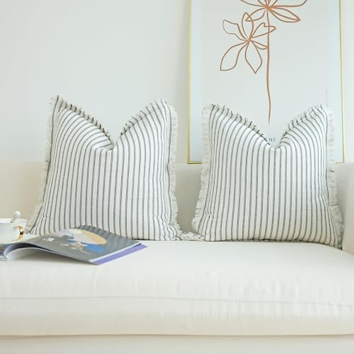 JOJUSIS Pack of 2 Striped Throw Pillow Covers with Fringe for Sofa Couch Bedroom Farmhouse Pillowcase 18 x 18 Inch Black