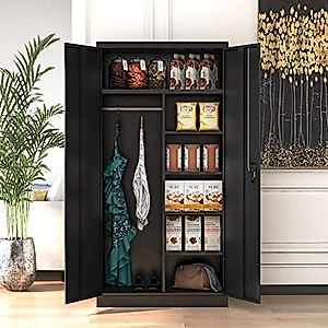 SUXXAN Metal Wardrobe Storage Cabinet, Industrial Steel Storage Cabinet with Adjustable Shelves and Hanging Rod, Modern Style for Home Office, Assembly Required