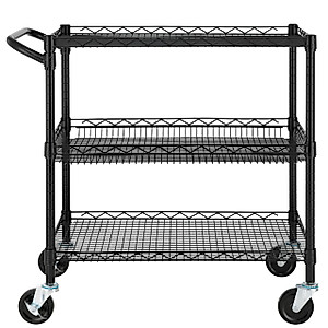 Finnhomy 3 Tier Heavy Duty Commercial Grade Utility Cart, Wire Rolling Cart with Handle Bar, Steel Service Cart with Wheels, Kitchen Cart on Wheels, Food Storage Trolley, NSF Listed, Black