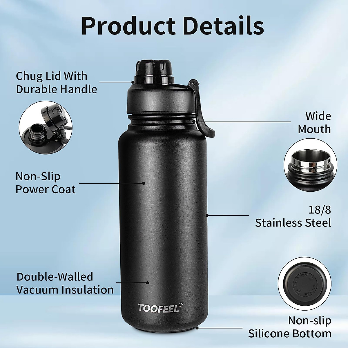 Toofeel 32 oz Insulated Water Bottle - Double Walled Stainless Steel Metal Water Bottle for Cold Hot Drink, Leak Proof, Chug Lid, Wide Mouth Thermal Cups for Men, Women & Kids Midnight Black