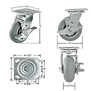 HANDSAMMU 5" x 2" Thermoplastic Rubber Wheels (Crown Tread)-Heavy Duty Casters- 400 Lbs Per Casters- No Noise Plate Caster for Furniture Platform Trucks Workbench (1 Pack Brake)