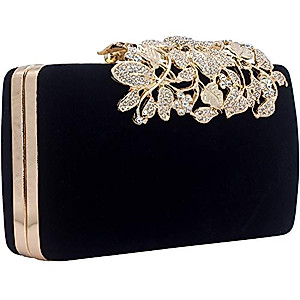 Dexmay Velvet Women Clutch Evening Bag with Rhinestone Crystal Flower Clasp Formal Purse for Party Black