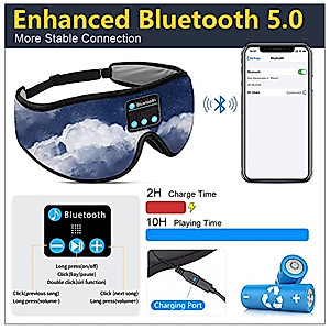 Sleep Headphones, Sleep Mask with Bluetooth Music Headphones 3D Eye Mask,Cotton Sleeping Headphones for Side Sleepers with Adjustable Ultra Thin Stereo, Gift for Women Gadgets for Men (Sky)