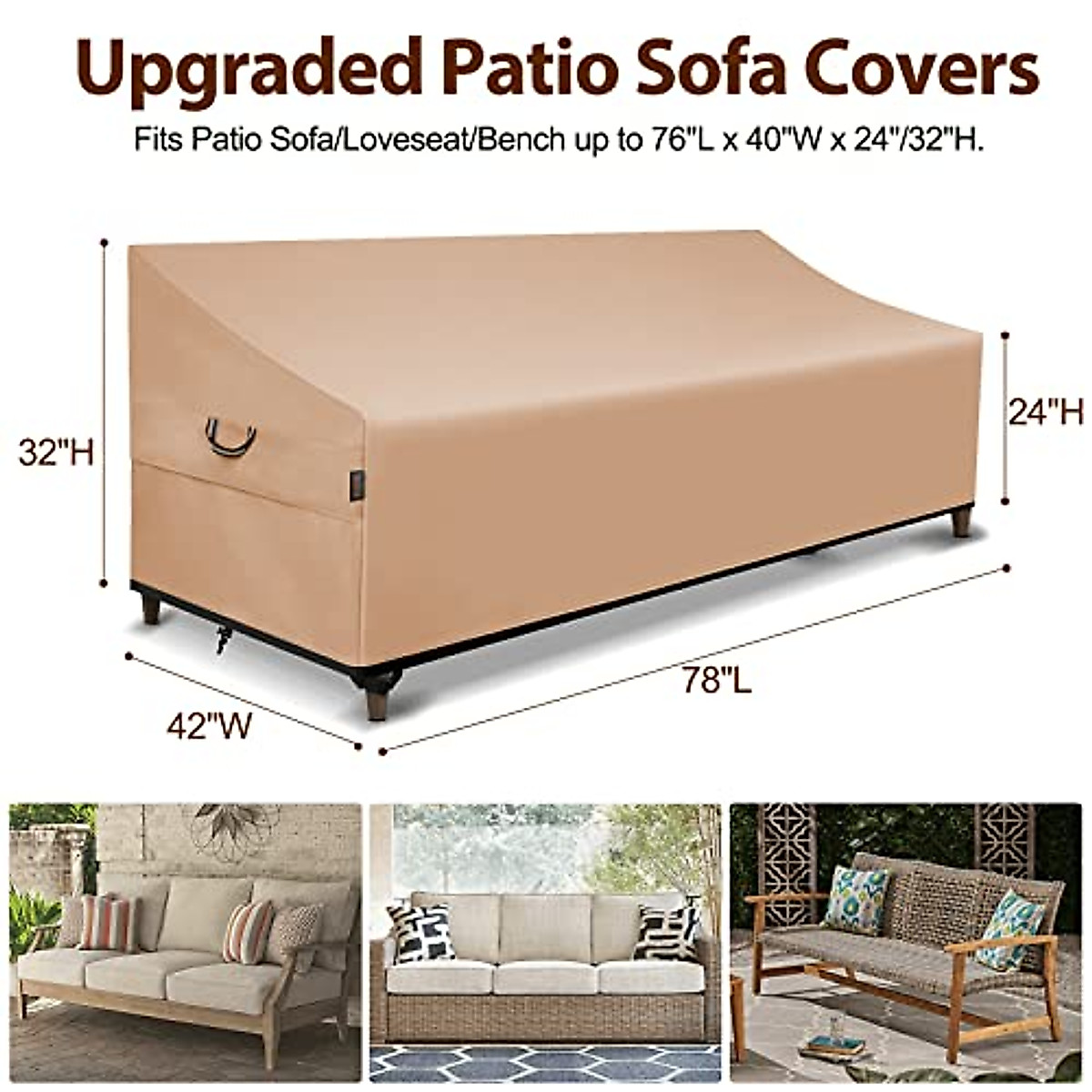 QH.HOME Outdoor Patio Couch Cover Waterproof 900D Heavy Duty Strong Tear Resistance - 3 Seater Outdoor Bench Sofa Cover UV Resistant Fade, Lawn Patio Furniture Covers with Air Vent 78"W x 42"D x 32"H