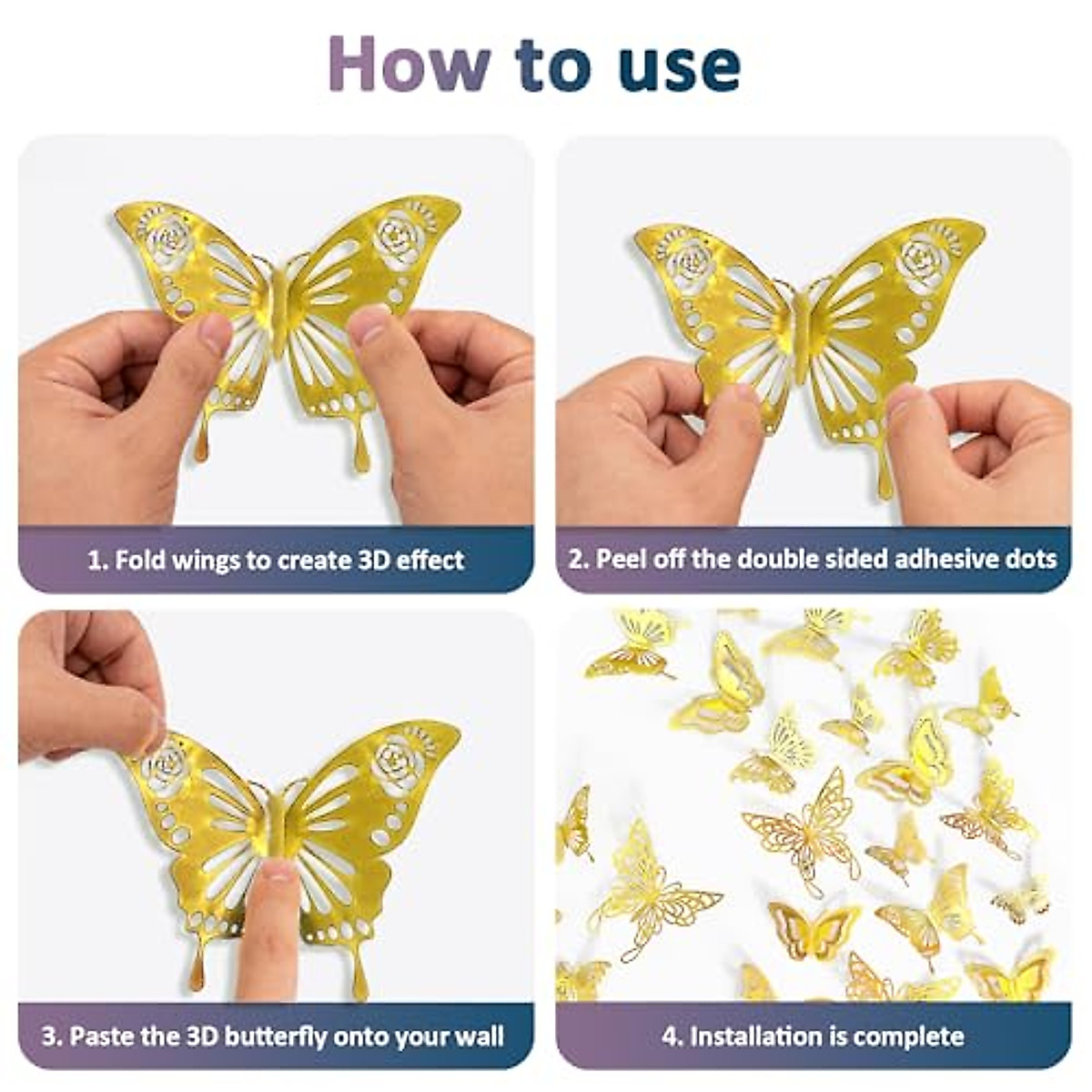 Butterfly Decorations - 48 Pcs, 4 Styles, 3D Wall Decor, Gold, Baby Shower, Flower Arrangements