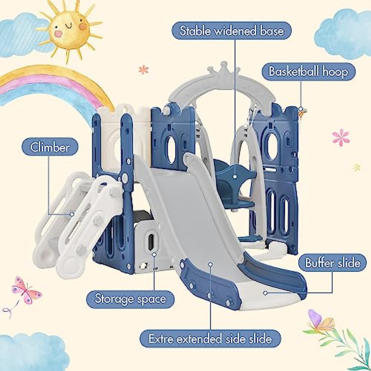 Virubi 5-in-1 Slide with Swing Set, Freestanding Baby Slide Set with Climber, Basketball Hoop and Storage Space, Slide & Swing Playset for Toddlers Age 1+ Outdoor Indoor Playground (Blue & White)