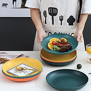 Kyraton 9 Inch Large Deep Plastic Plates 8 Pieces, Unbreakable And Reusable Light Weight Dinner Plates Pasta and Dumpling Bowl Microwave Safe BPA Free Dishwasher Safe (Mutil Color)