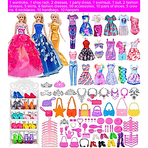 ebuddy 105 Pcs Doll Closet Wardrobe Set Closet Playest Toys Doll Clothes and Accessories for 11.5 Inch Girl Doll Including Wardrobe,Shoes Rack,Dress,Shoes Hangers,Necklace (No Doll)