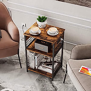 LDTTCUK Side Table with Charging Station & USB Ports,3-Tier End Table for Living Room,Study,Bedroom,Narrow Sofa Table Bedside Table with Storage Shelf,Small Nightstand,Rustic Brown