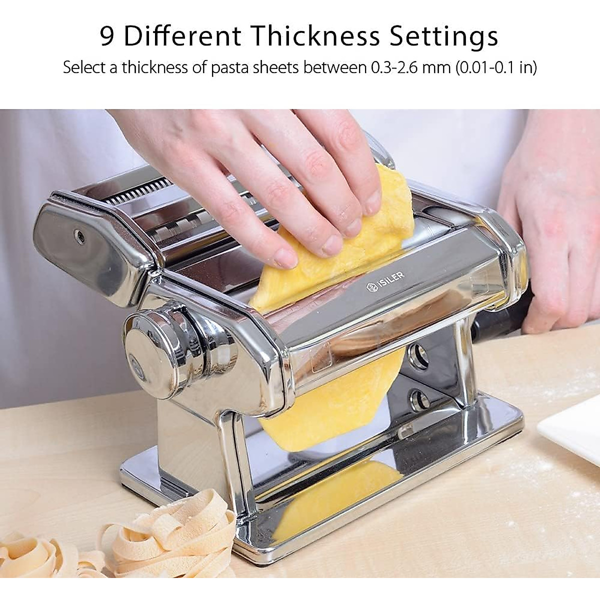 Pasta Machine, ISILER 9 Adjustable Thickness Settings Pasta Maker, 150 Roller Noodles Maker with Aluminum Alloy Rollers and Cutter for Pasta, Spaghetti, Fettuccini, Lasagna