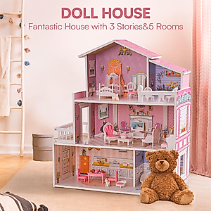 ROBUD Wooden Dollhouse Playset, 3 Stories, 5 Rooms, 24 PCS Furniture, Pretend Play Toys Gift for Kids Toddlers Girls