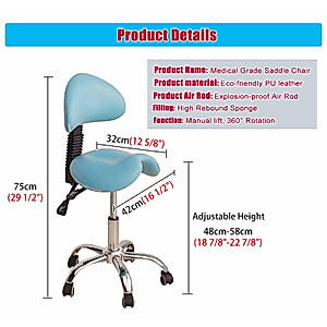 NUNETH Saddle Chair Dental Hygienist, 48-58 Cm Saddle Stool Rolling Chair with Adjustable Back Rest, Ergonomic Medical Salon Chair for Hospital (Color : Blue)