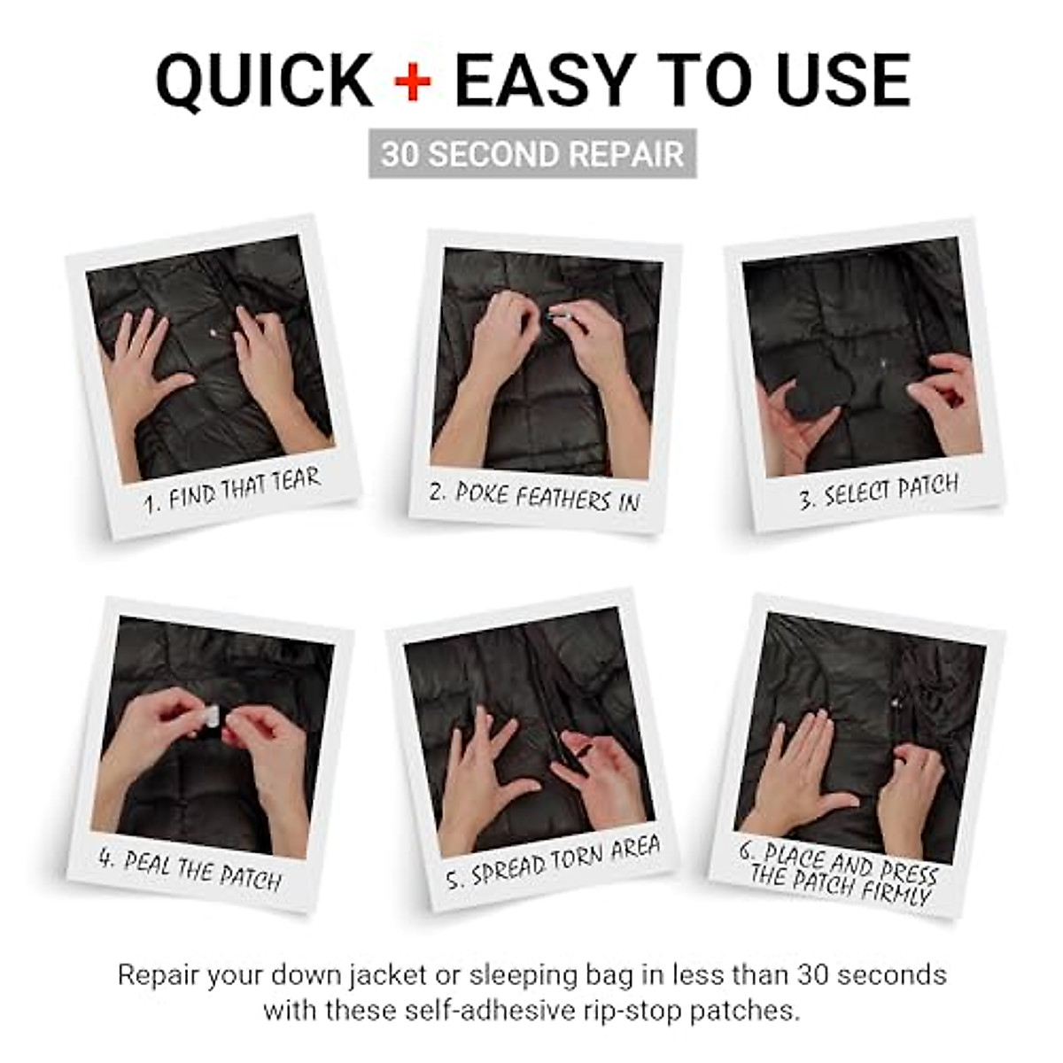 Pro-Fix Down Jacket Repair Patches Easy to Use, Pre-Cut, Self-Adhesive, Waterproof, Tear-Resistant Rip-Stop Nylon Fabric Patches for Jackets & Patches for Clothing, Down Jacket Patches - Black