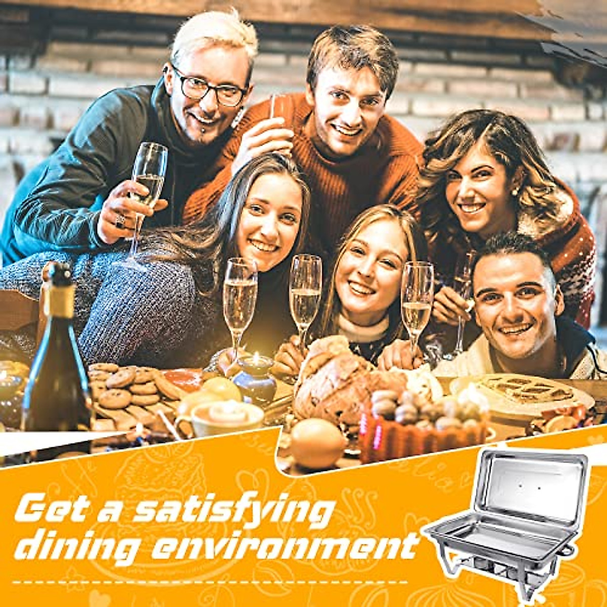 6 Pcs Chafing Dish Buffet Set 8 Qt Stainless Steel Chafer Complete Set Catering Buffet Servers and Warmers with Foldable Frame, Food Pan, Fuel Holder and Lid for Parties Banquet Wedding (Full Size)