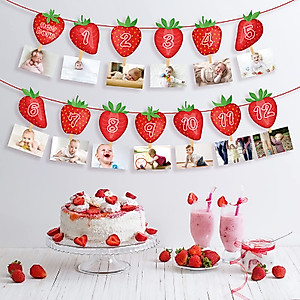 Strawberry Monthly Photo Banner - Sweet Berry 1st Birthday Monthly Banner Baby Girl 12 Month Photo Display Milestone Photograph Bunting Garland for Strawberry First Birthday Party,Baby Shower,Berry
