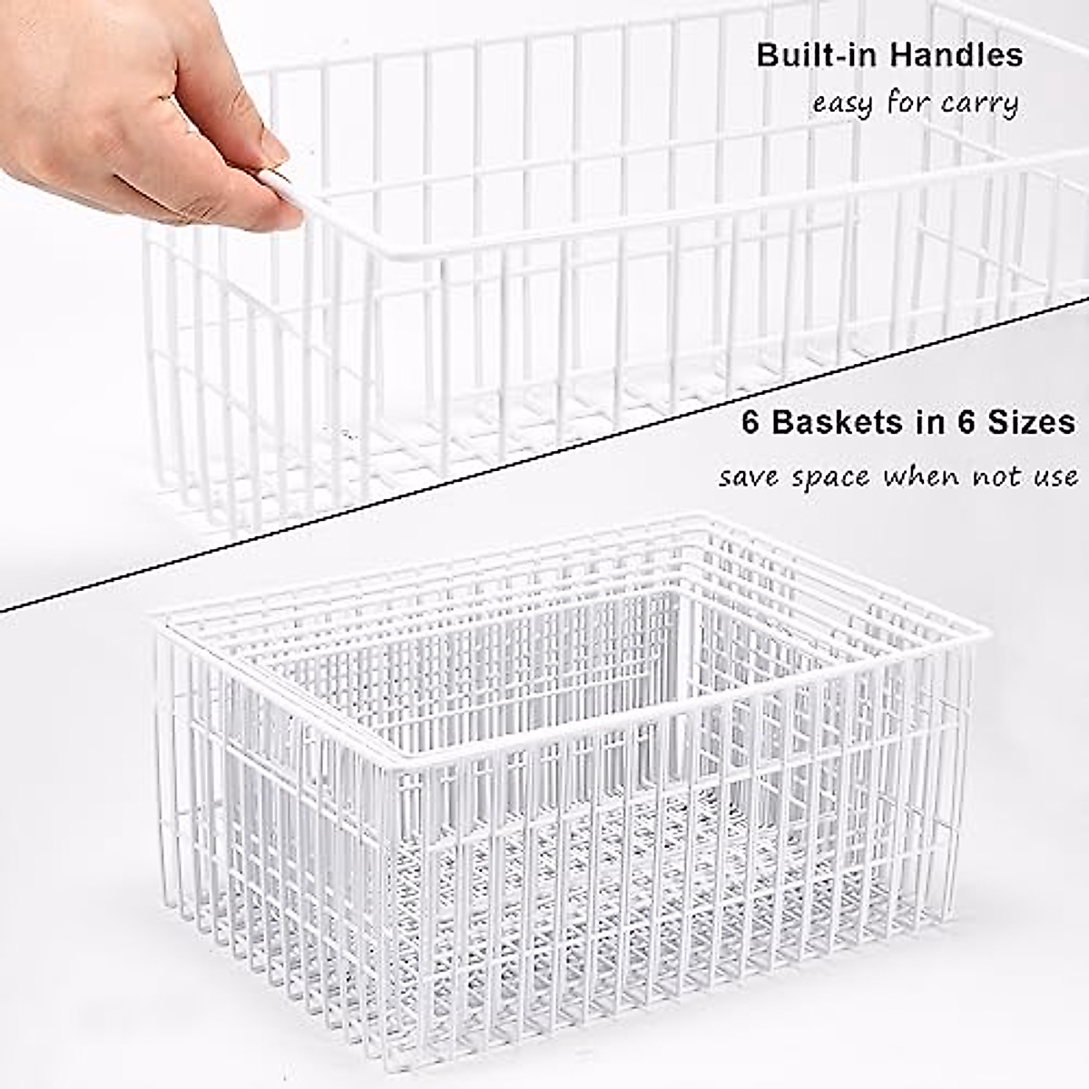 Orgneas Freezer Organizer Bins, Wire Freezer Baskets for Upright Freezer, Pantry Storage Basket Organizers with Handles for Frozen Foods, Snacks, Vegetables, Fruits and More, Set of 6