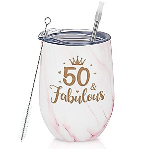LiqCool 50 Birthday Gifts for Women, Gifts for Women Turning 50, 50 Birthday Gifts for Mom Aunt Grandma Sister Friends Coworkers, 50 and Fabulous 12oz Wine Tumbler