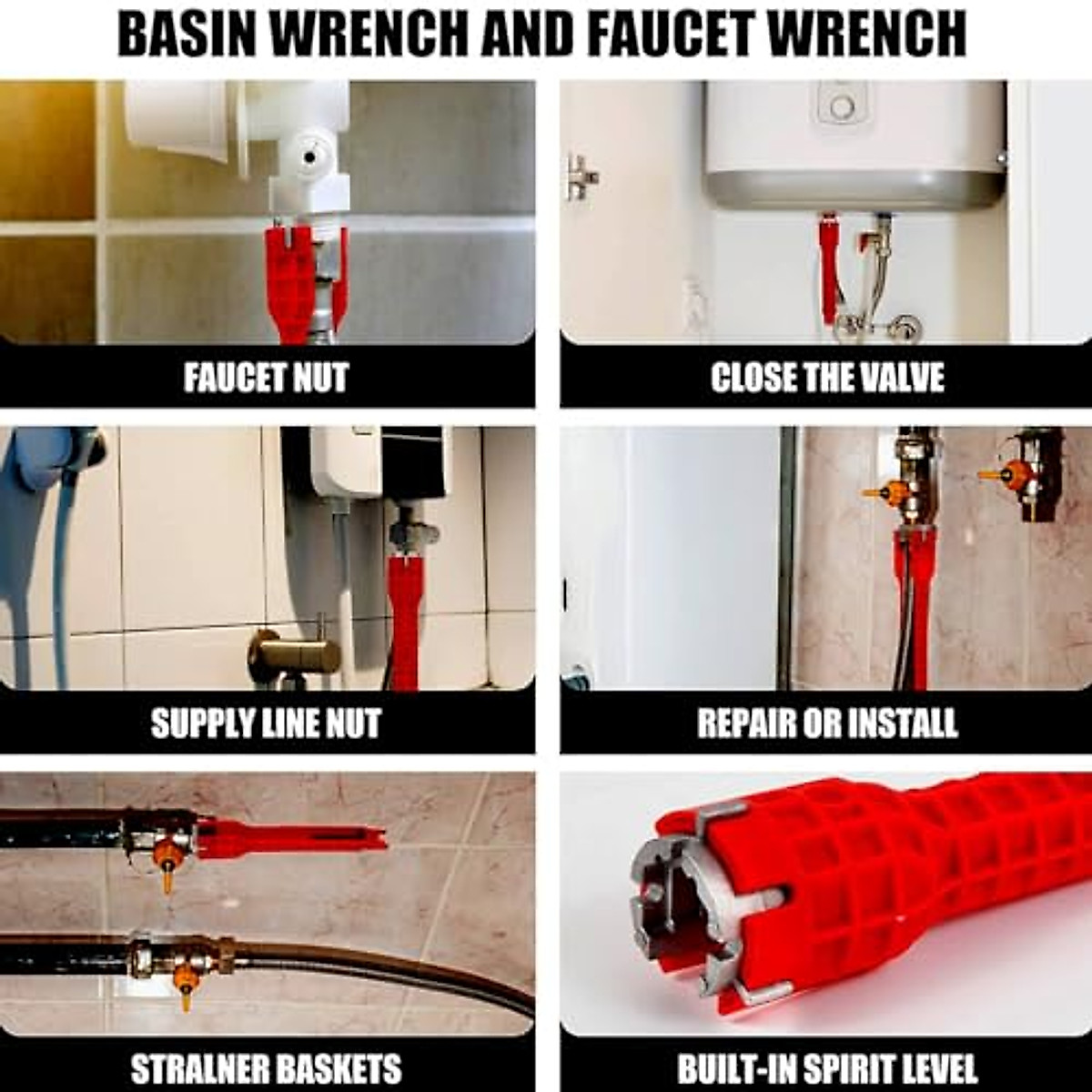 Basin Wrench, 8 in 1 Sink Wrench Faucet Plumbing Tool, Double Head Sink Installer Tool for Pipe and Tub Drain Removal Nut Wrench